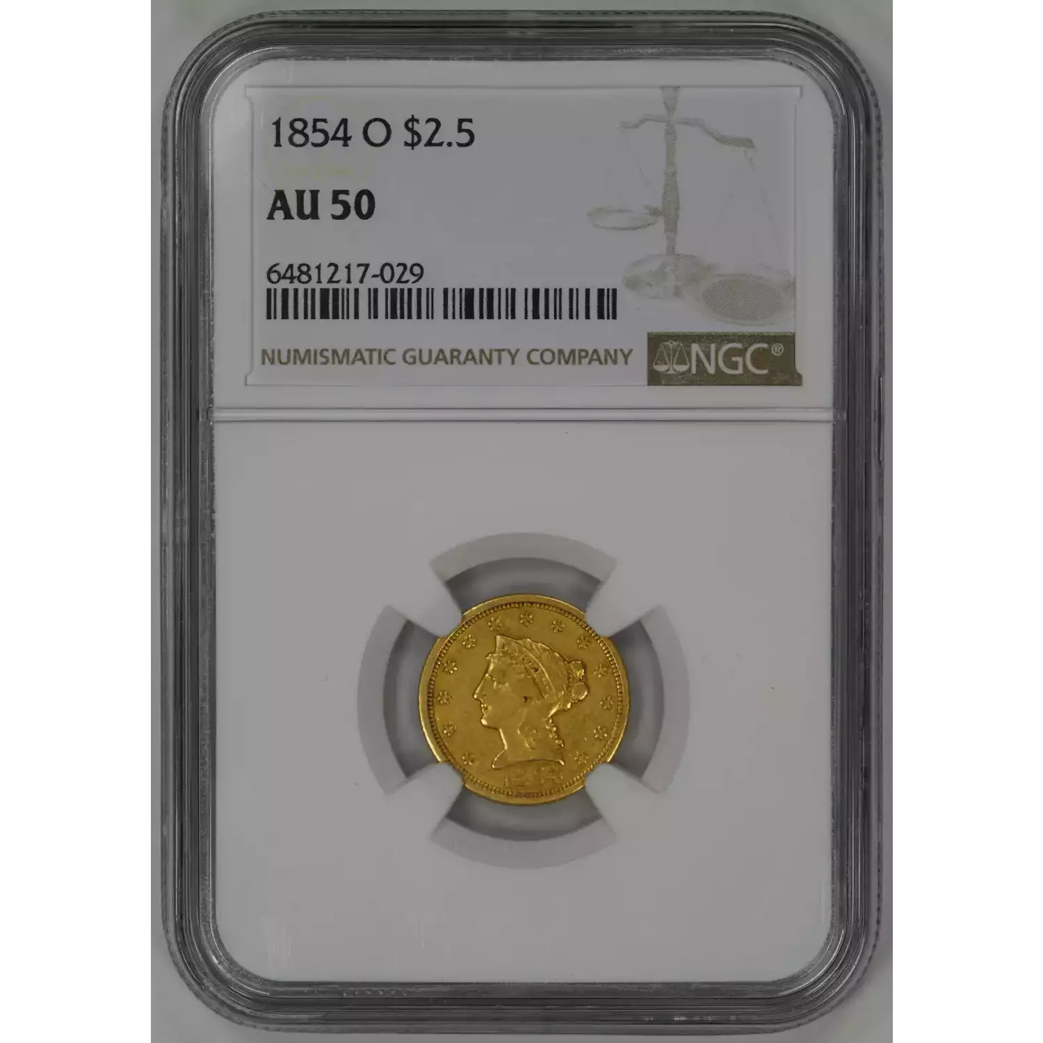 1854-NEW ORLEANS $2.50 Gold Liberty Head Quarter Eagle NGC AU-50 - Kearney Coin Center